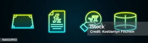 선 예리한 사다리꼴 모양 함수 수학 기호 X 글리프의 제곱근 및 기하학적 그림 원통을 설정합니다 빛나는 네온 아이콘입니다 벡터 계산기에 대한 스톡 벡터 아트 및 기타 이미지