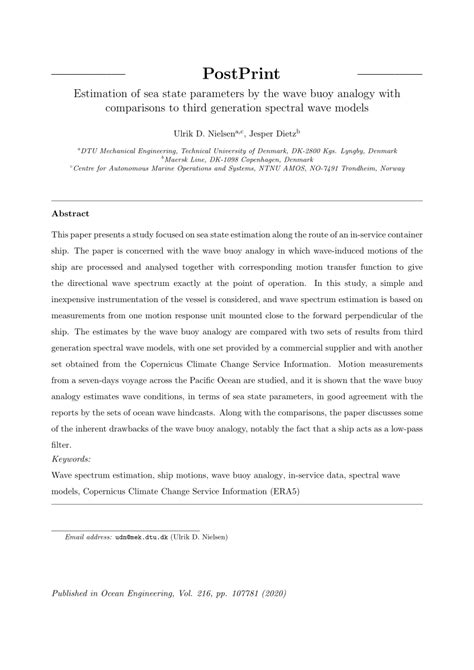 Pdf Estimation Of Sea State Parameters By The Wave Buoy Analogy With Comparisons To Third