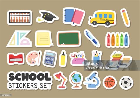 학용품 스티커 벡터 세트입니다 소로반 공책 스티커 메모 필통 교과서 칠판 플랫 벡터 일러스트레이션 만화 스타일 클립아트 학생 교실 개학 개념 가을에 대한 스톡 벡터 아트 및