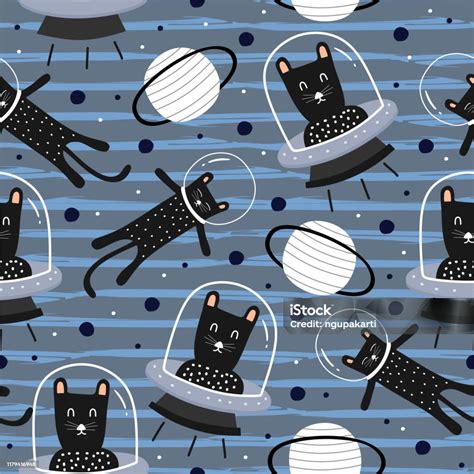 재미 고양이 외계인 공간 원활한 패턴 장식 그리기 스칸디나비아 예술 손에 그려진 아기와 아이 패션 섬유 인쇄 벽지 배경 벡터