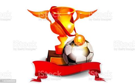 스포츠 및 스포츠 대회의 개념 축구 공 승자 컵 및 고립 된 흰색 배경에 금메달 스포츠 장비 만화 스타일 디자인 1위에 대한 스톡 벡터 아트 및 기타 이미지 Istock