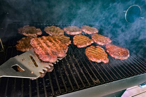 Cooking And Searing Burger Patties On A Grill Stock Image Image Of