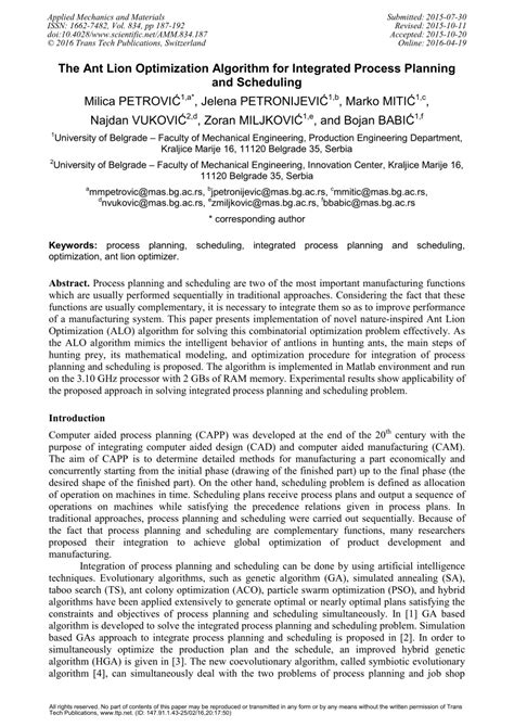 pdf the ant lion optimization algorithm for integrated process