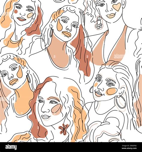 Vector Seamless Pattern Continuous Line Art With Woman Face Linear