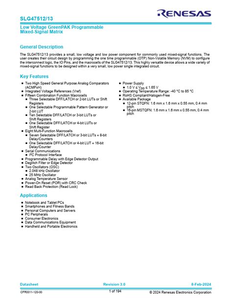 SLG47512 Low Voltage GreenPAK Programmable Mixed Signal Matrix Renesas