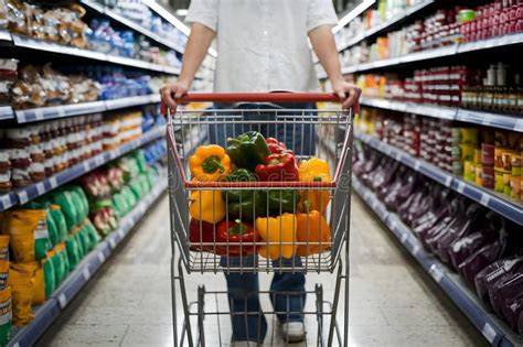 Waist Down Person Pushes Cart With Bell Peppers Supermarket Shelves
