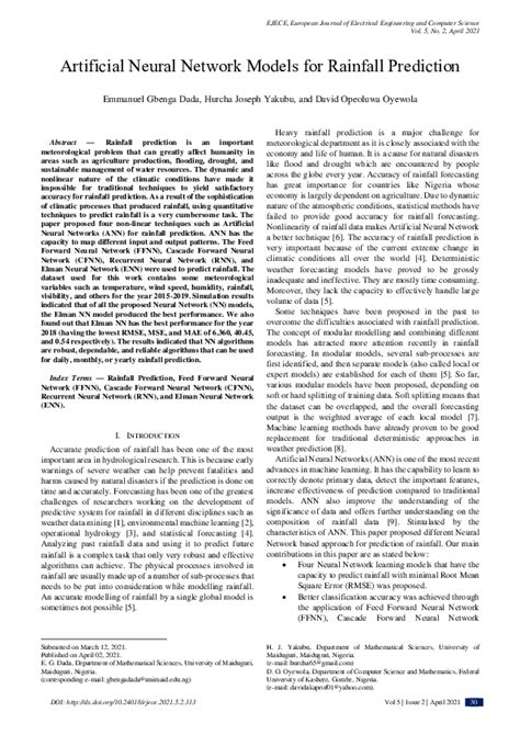 Pdf Artificial Neural Network Models For Rainfall Prediction