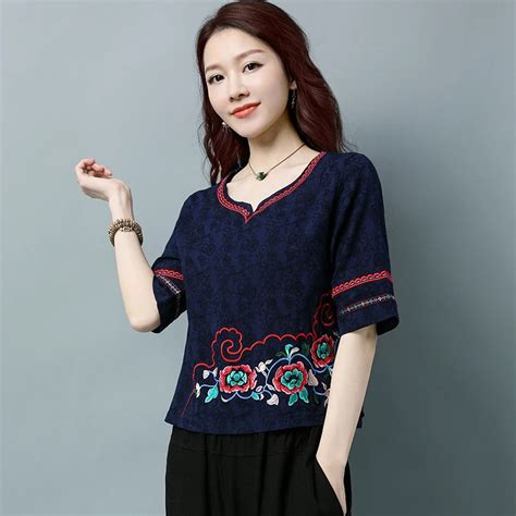 여성을위한 중국 전통 의상 코튼 린넨 티셔츠 하프 슬리브 V 넥 꽃 자수 동양의 민속 의류탑 Aliexpress