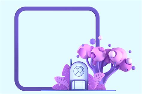 환상적인 양식에 일치시키는 식물 양치류 나무와 카피 공간을위한 프레임 사각형 테두리와 잔디의 배경에 파스텔 색상의 추상 만화 동화 작은 아늑한 집 3d 일러스트레이션 0명에