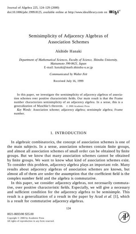 Pdf Semisimplicity Of Adjacency Algebras Of Association Schemes Dokumentips