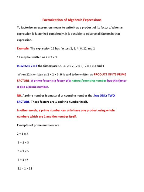 Mathematics Factorization Of Algebraic Expressions 10 Miller Pdf Factorization Prime Number