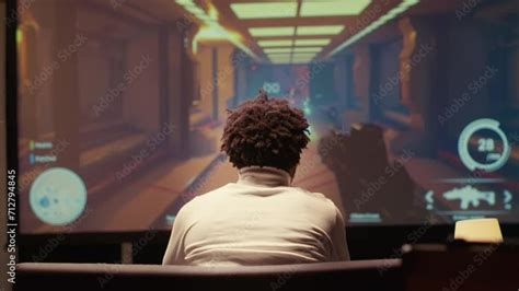 Vidéo Stock Man playing first person shooter videogame on smart TV in ...
