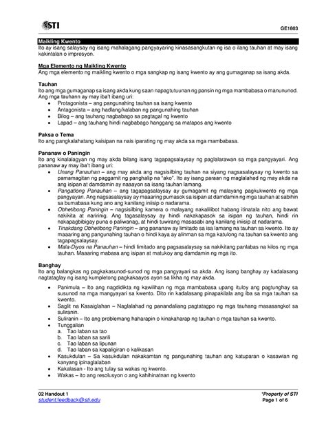Maikling Kuwento Midterm 02 Handout 1 Property Of Sti Maikling