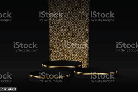 검은 연단과 반짝이는 금 배경의 현대적인 금 테두리 복사 공간이 있는 제품을 배치하기 위한 3d 모양을 보여 주는 추상 벡터 그림입니다 0명에 대한 스톡 벡터 아트 및 기타