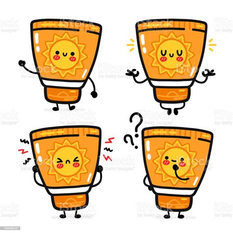 귀여운 재미 선크렌 튜브 세트 컬렉션 벡터 플랫 라인 만화 가와이 캐릭터 일러스트 아이콘 흰색 배경에 격리 자외선 차단제 자외선 차단 크림 케어 자외선 차단 화면 캐릭터