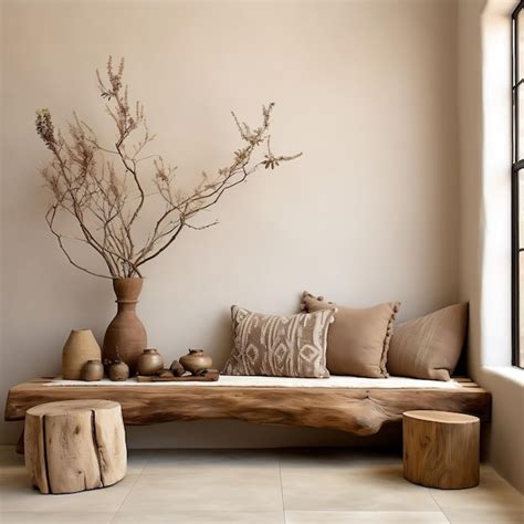 Premium AI Image Rustic Aged Wood Tree Trunk Bench With Pillows Near Stucco Wall Modern Living