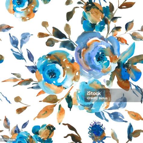 청록색 장미 야생화와 수채화 빈티지 원활한 패턴 흰색 배경에 자연 블루 꽃 질감 결혼식에 대한 스톡 벡터 아트 및 기타 이미지 결혼식 꽃 나무 꽃 식물 Istock