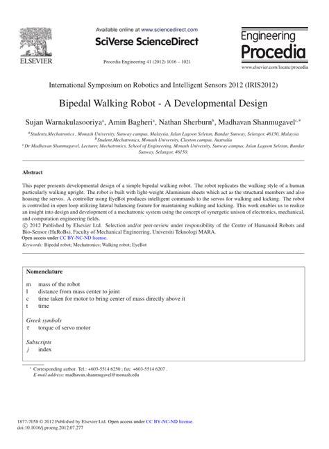 Pdf Bipedal Walking Robot A Developmental Design