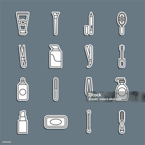 세트 라인 헤어 브러시 액체 비누 병 마스카라 아이 라이너 눈썹 크림 화장품 튜브 눈썹 핀셋 로션 및 컬링 아이언 아이콘 벡터 건강한 생활방식에 대한 스톡 벡터 아트 및