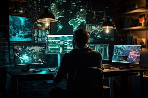 Premium Photo A Hacker In A Dark Room Surrounded By Computers And Screens
