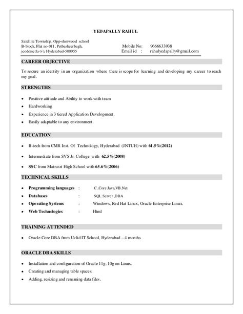 Oracle Fresher Resume Sample Dba Resume Williamson