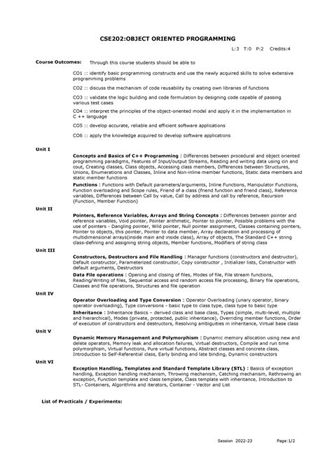 Cse202 Syllabus Cse202object Oriented Programming Course Outcomes