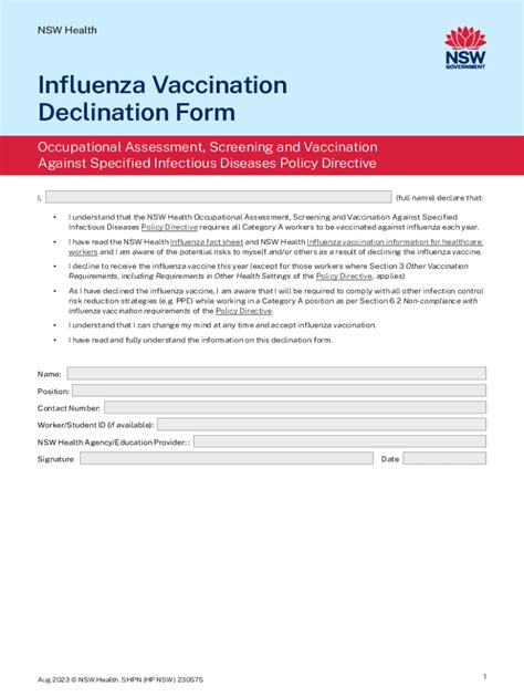 Fillable Online Influenza Vaccination Declination Form Nsw Health Fax Email Print Pdffiller