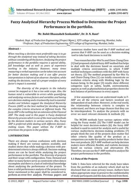 Fuzzy Analytical Hierarchy Process Method To Determine The Project
