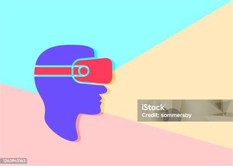 파스텔 컬러 블루와 핑크 배경에 그림자와 가상 현실 안경 아이콘에 평면 누워 현대 미니멀 한 남자 머리 디자인에 대한 스톡 벡터