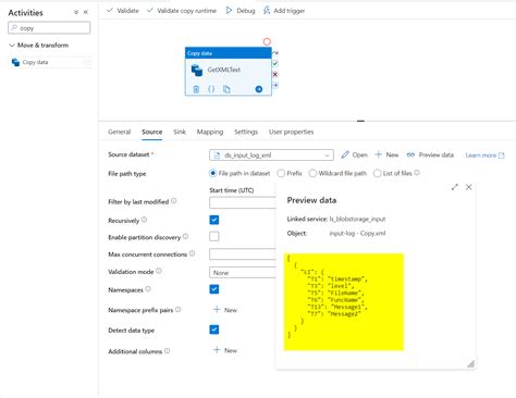 which dataset and schema to choose in azure data factory for log
