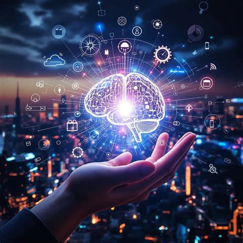Hand Holding A Holographic Brain Symbolizing Ai And Technology Stock