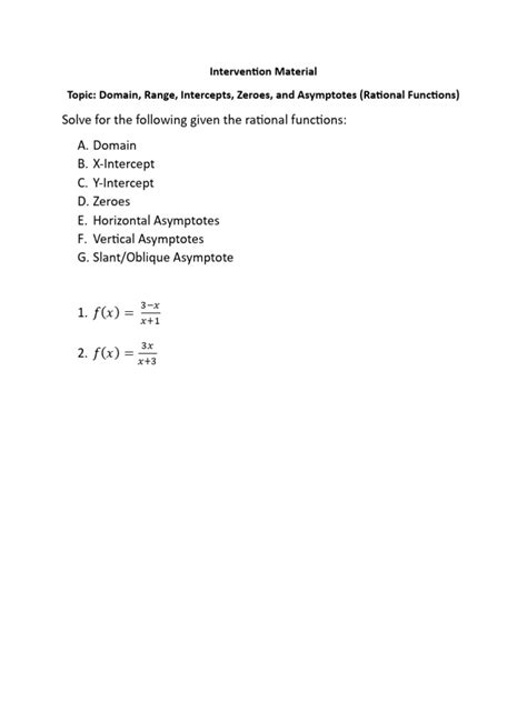 intervention material domain range intercepts zeroes and asymptotes