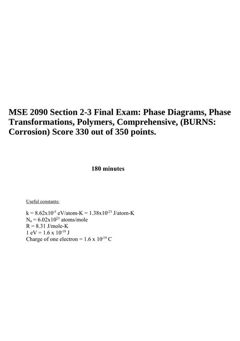 Mse 2090 Section 2 3 Final Exam Phase Diagrams Phase Transformations Polymers Comprehensive