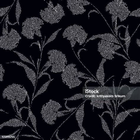 손으로 스케치 땡 원활한 벡터 패턴 패션 직물에서에서 만든 흑백 실루엣 카네이션 꽃 0명에 대한 스톡 벡터 아트 및 기타 이미지