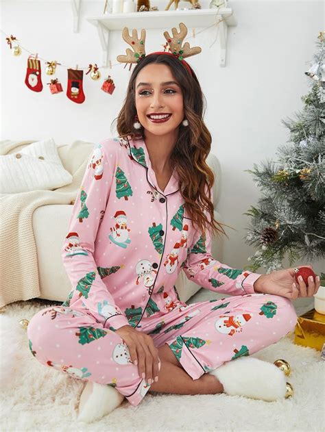 Christmas Print Button Front Pajama Set Christmas Outfits Women Cute