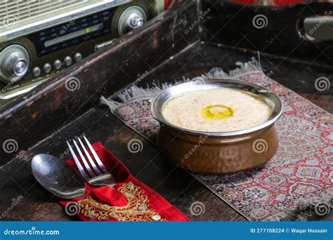 Hareesa Or Harees Arab Dish Served In Dish Isolated On Red Mat Top View On Table Arabic Food