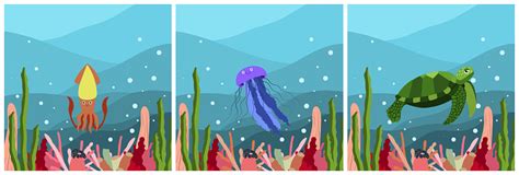 오징어 해파리 거북이가 있는 수중 풍경이 있는 3개의 사각형 구성 세트 해저 세계 거주자 인쇄 물고기에 대한 스톡 벡터 아트 및 기타 이미지 Istock