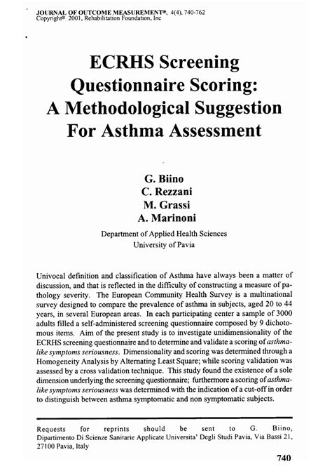 Pdf Ecrhs Screening Questionnaire Scoring A Methodological Suggestion For Asthma Assessment