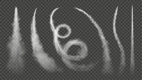 Plane smoke trails. Airplane fly effect, rocket engine tracks and vapor swirl in air isolated ...