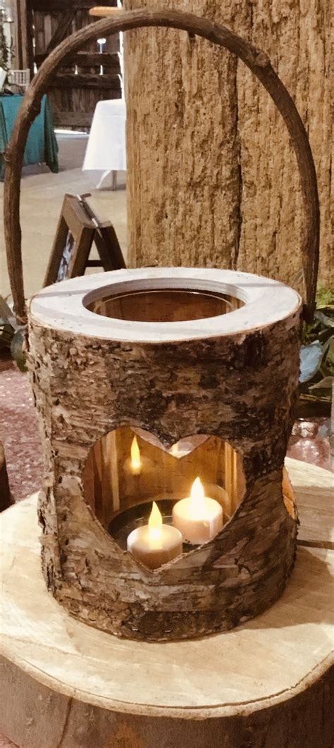 Log Slice With Copper Coloured Lantern Simply Rustic