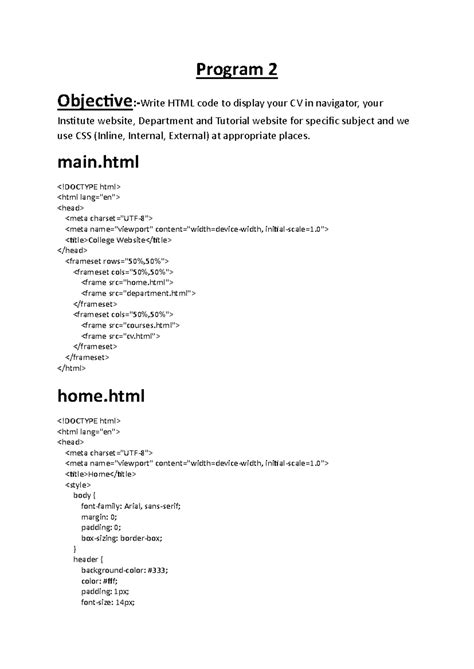 Write Html Code For Cv Program 2 Objective Write Html Code To