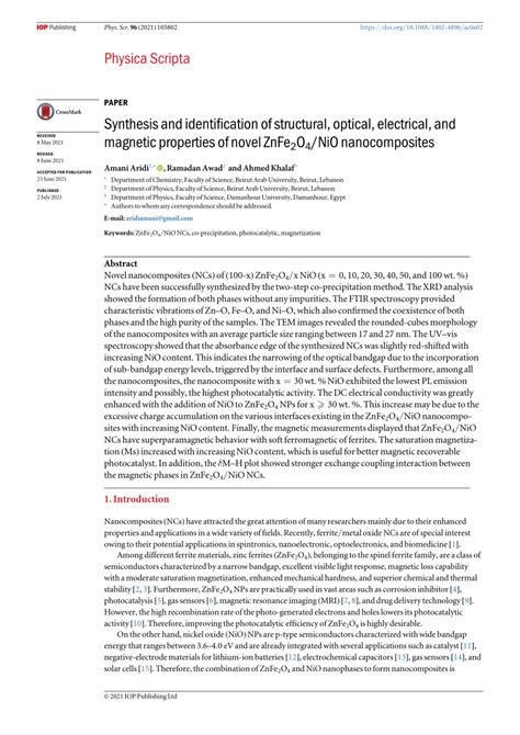 Synthesis And Identification Of Structural Optical Electrical And Magnetic Properties Of