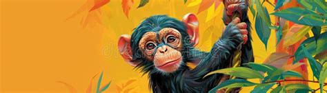 A Curious Monkey Looking Out From Behind Leafy Branches Stock