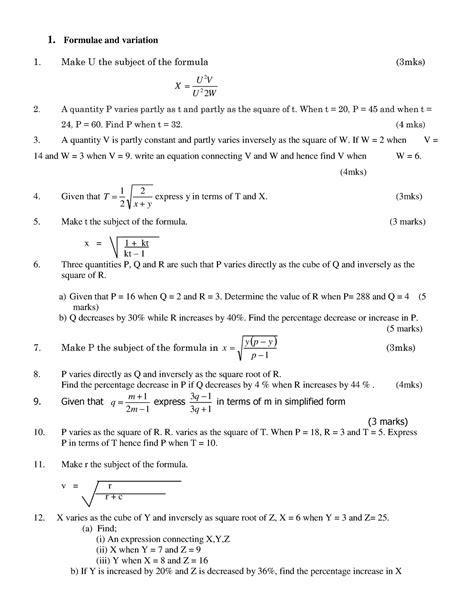Formulae And Variation Q 1 Formulae And Variation Make U The Subject