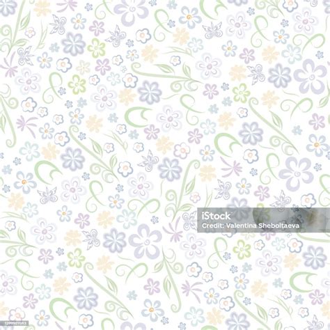 아름다운 꽃 무늬 파스텔 색상 많은 작은 장식 꽃과 컬 흰색 배경 벡터 일러스트 레이 션에 디자인 캠브릭 직물 여성 사이트의 배경 벽지 포장지 개체 그룹에 대한 스톡 벡터