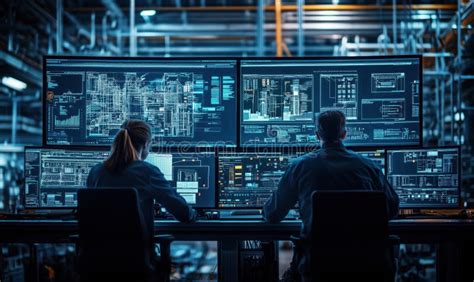 Control Room With Operators Monitoring Complex Data On Multiple Screens