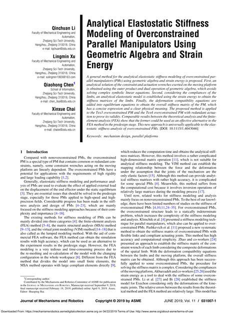pdf analytical elastostatic stiffness modeling of overconstrained