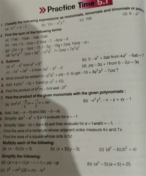 Classify The Following Expressions As Monomials Binomials And Trinomials