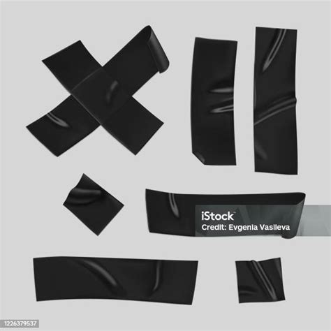 블랙 덕트 테이프 세트 회색 배경에 격리 된 고정을위한 사실적인 검은 색 접착 테이프 조각 스카치 크로스와 종이 접착 사실적인