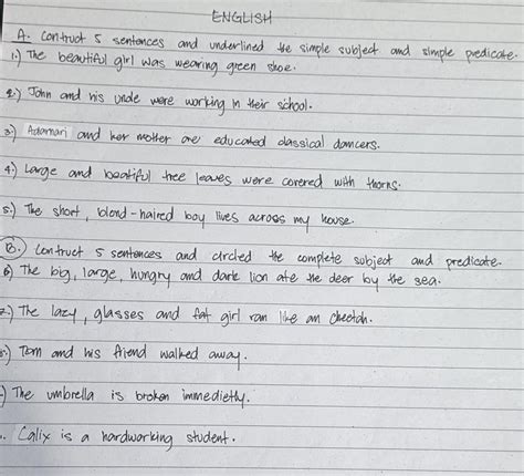 English A Contruct 5 Sentences And Underlined The Simple Subject And English A Contruct 5 Sentences And Underlined The Simple Subject And